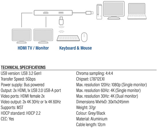 Adapter ACT USB-C 4K multiport voor 2 HDMI monitoren - Datas Kantoor ...